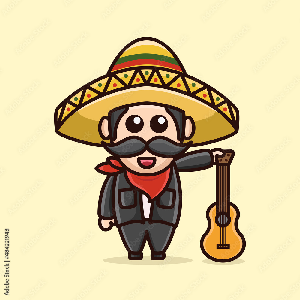 Cute mariachi cartoon vector icon illustration logo mascot hand drawn ...