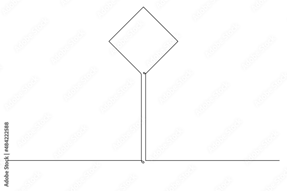 Single continuous line drawing template of square road sign. One line ...