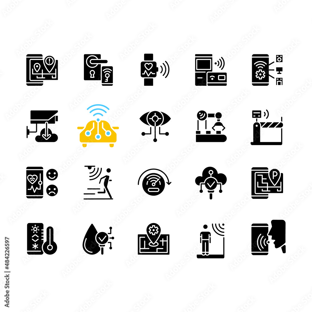 IoT black glyph icons set on white space. Wifi regulation. Internet of ...