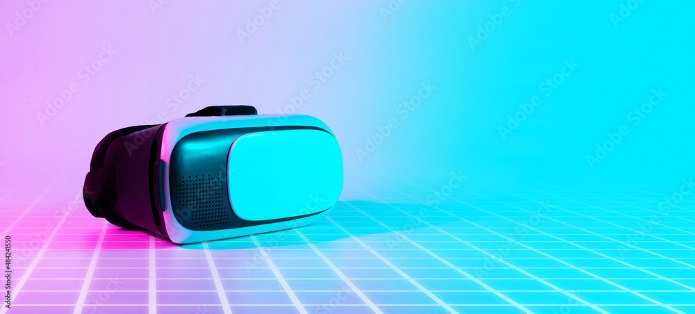 Virtual reality goggles VR. 3d digital glasses on futuristic neon tech ...