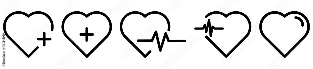 Heart symbols with plus icon. Collection of heartbeats signs. Vector ...