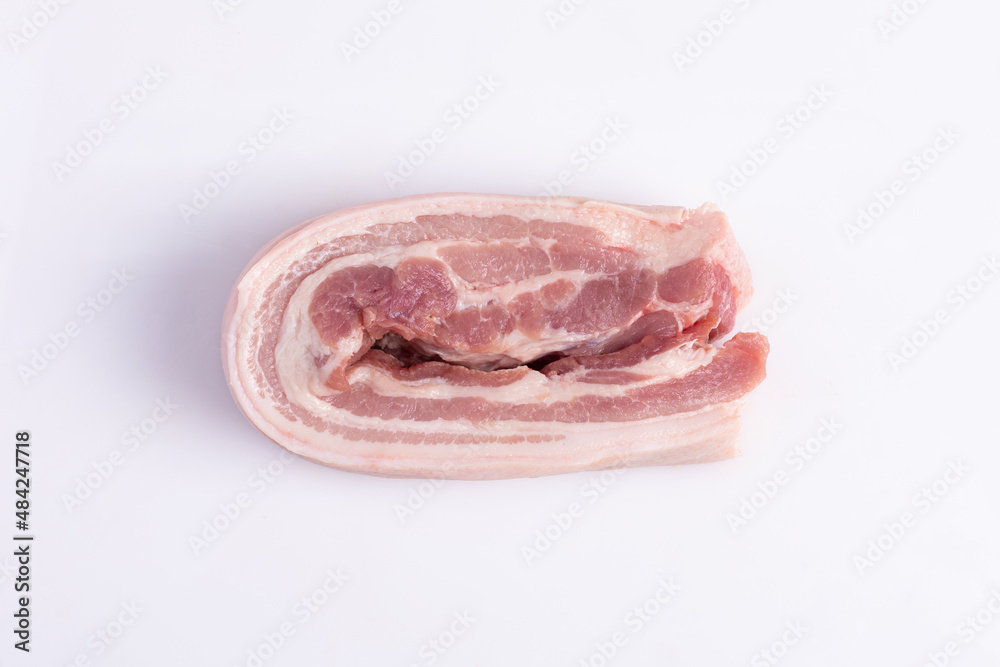 Close up freshness cutting slide pork belly raw or streaky pork on ...