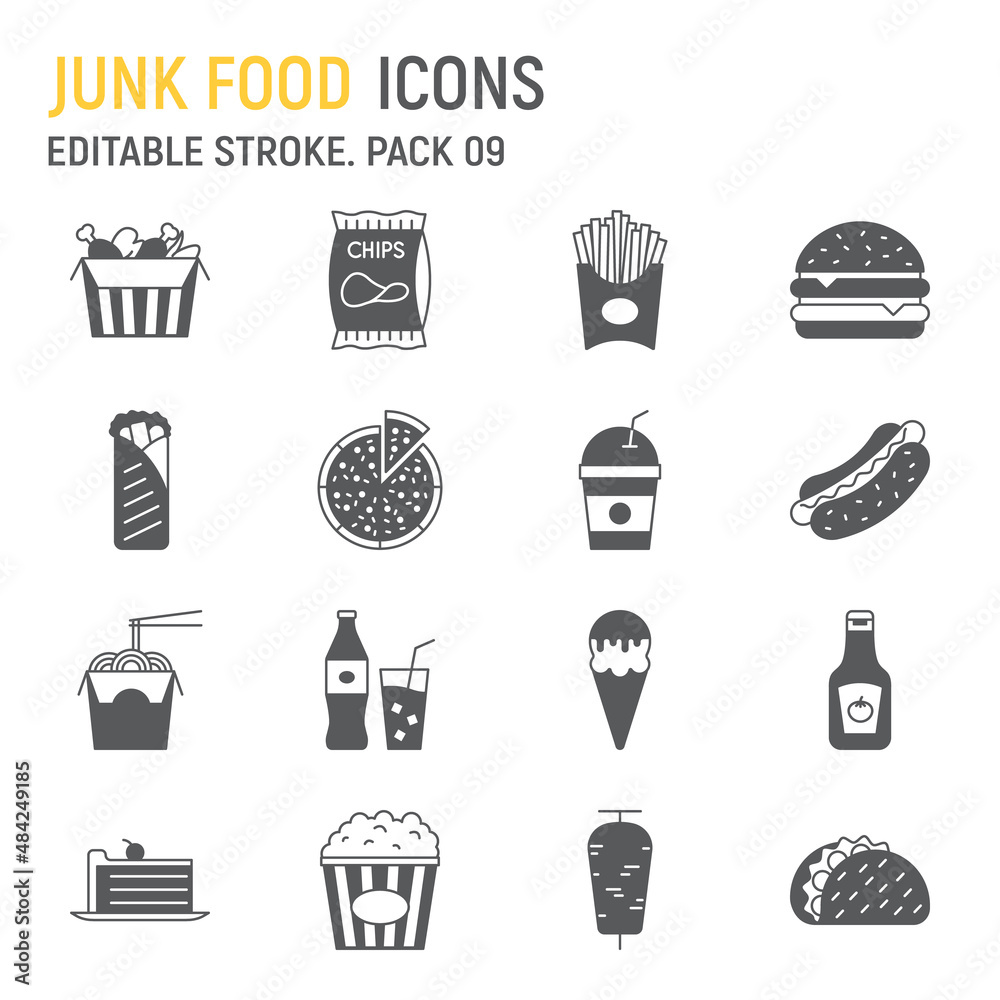 Junk food glyph icon set, fast food collection, vector graphics, logo ...