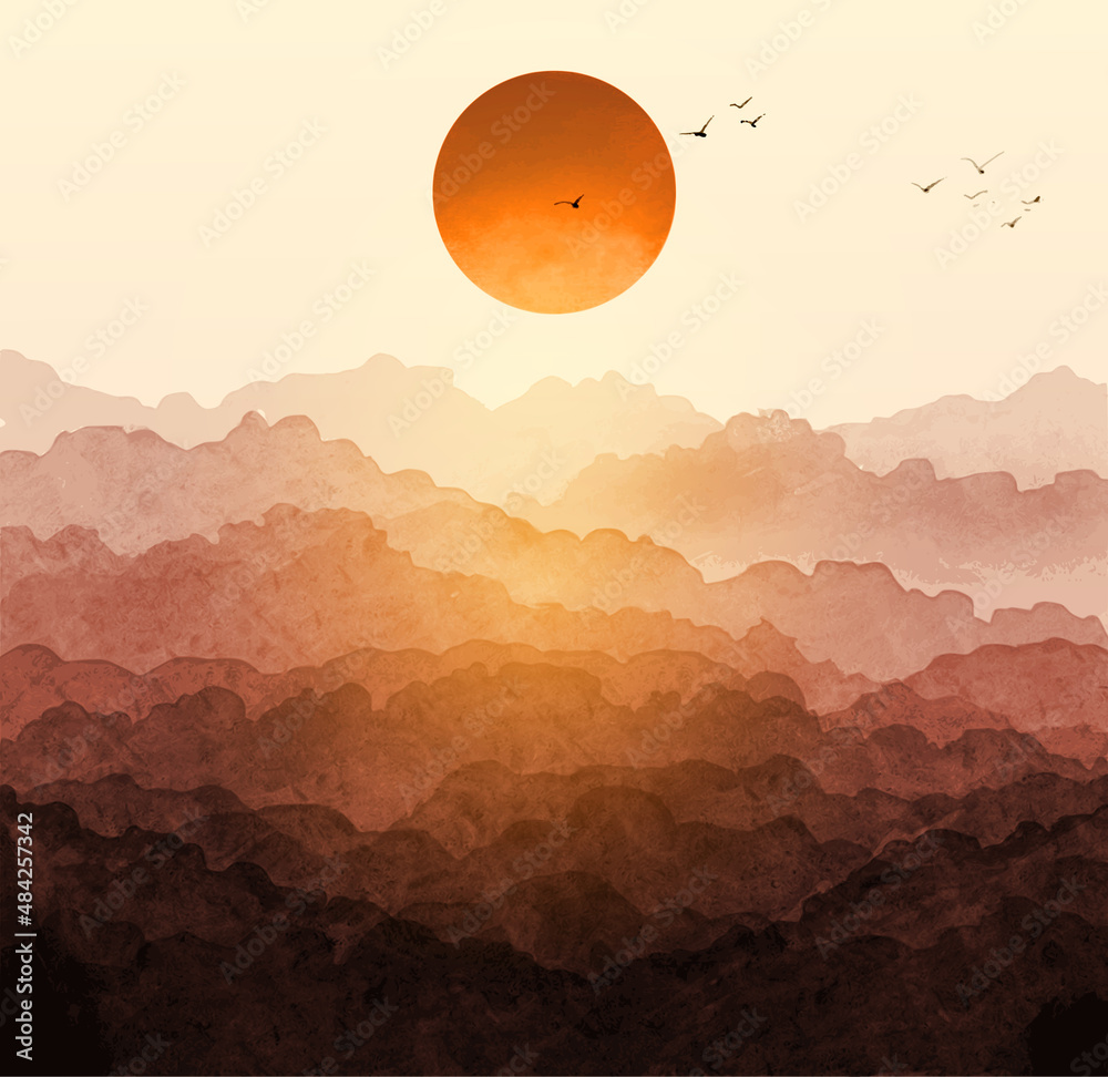 Sunrise landscape with forest mountains and big red sun. Traditional ...