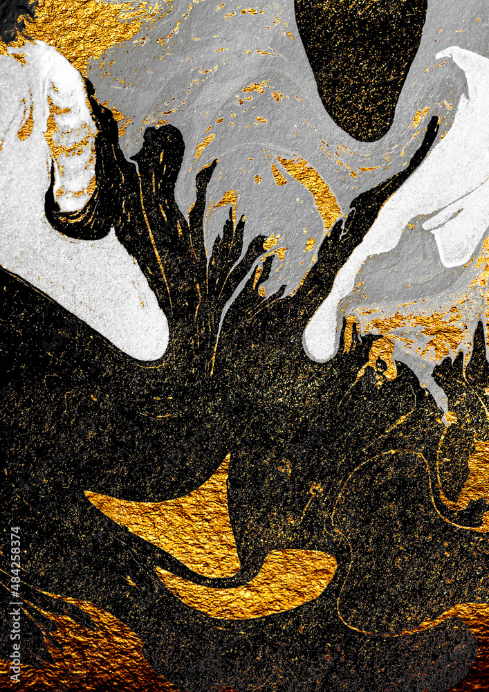 Golden swirl, artistic design. Suminagashi – the ancient art of Japanese marbling. Paper ...