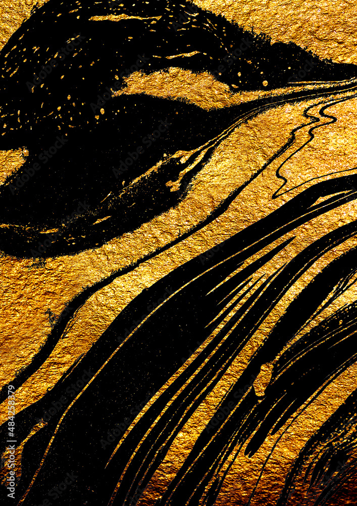Golden swirl, artistic design. Suminagashi – the ancient art of Japanese marbling. Paper ...