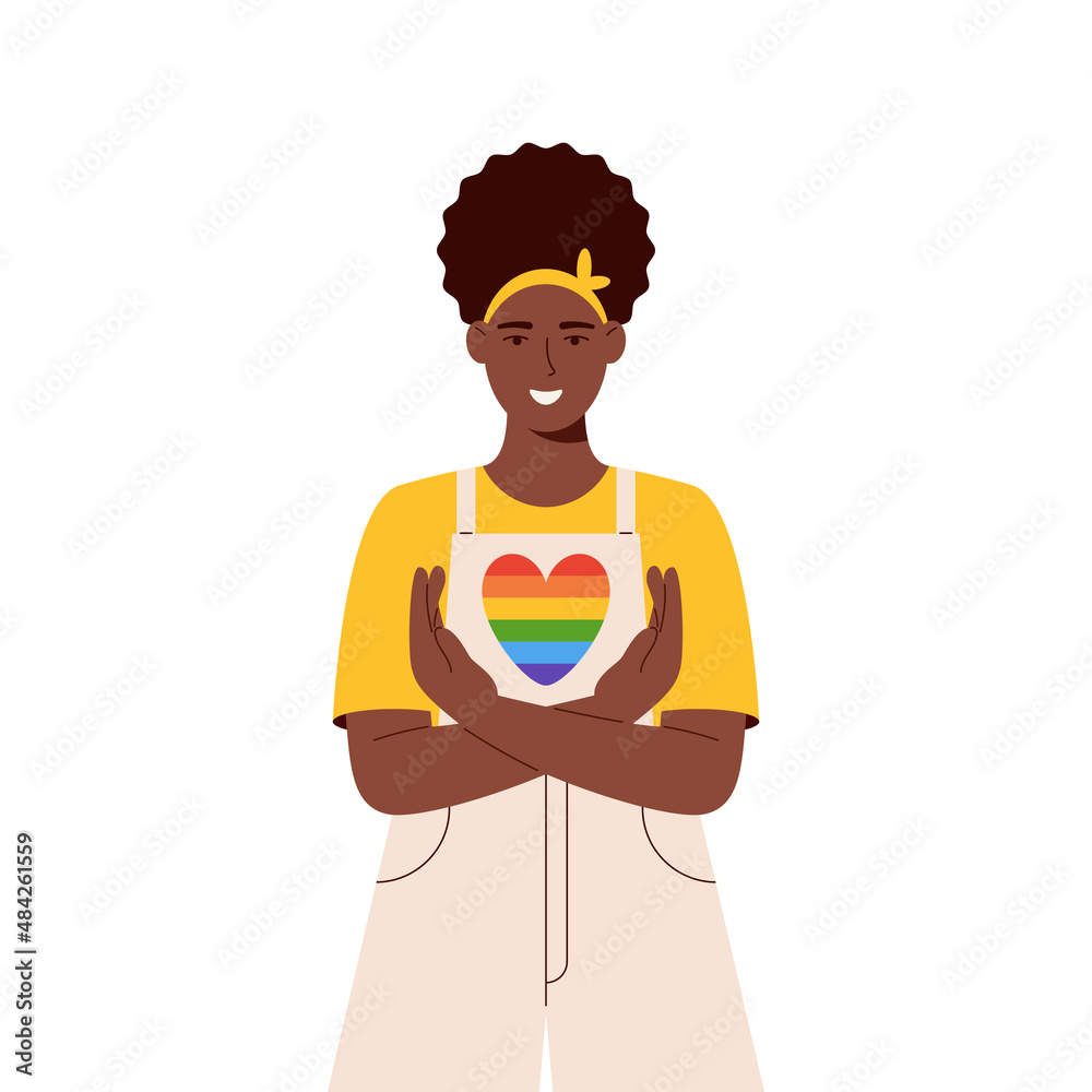 LGBT pride month. Smiling trendy woman embrace lgbt heart. Woman ...
