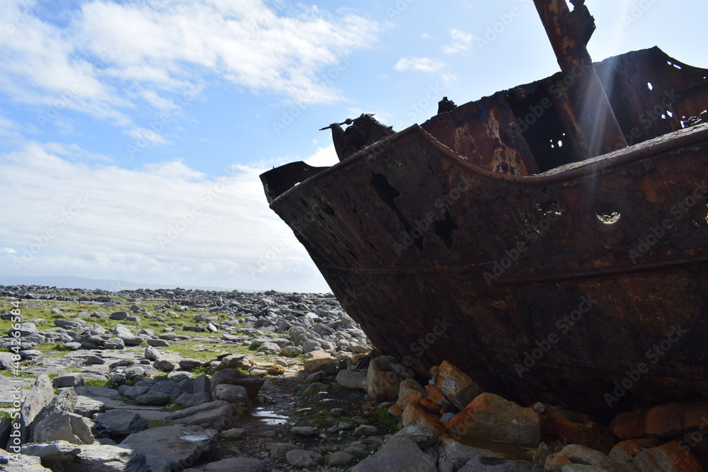 Plassey shipwreck bow close up. Ship stranded on rocks. Ship silhouette ...