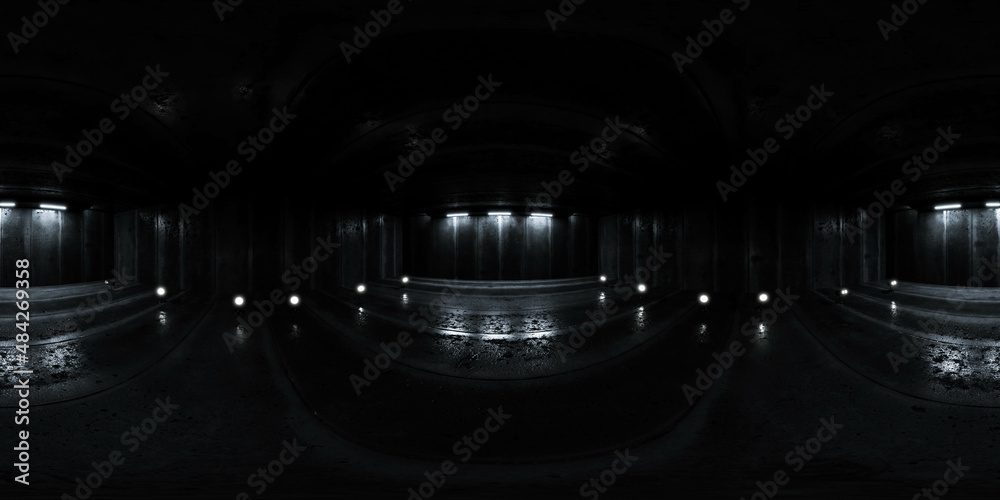 360 degree full panorama environment map of dark industrial concrete ...