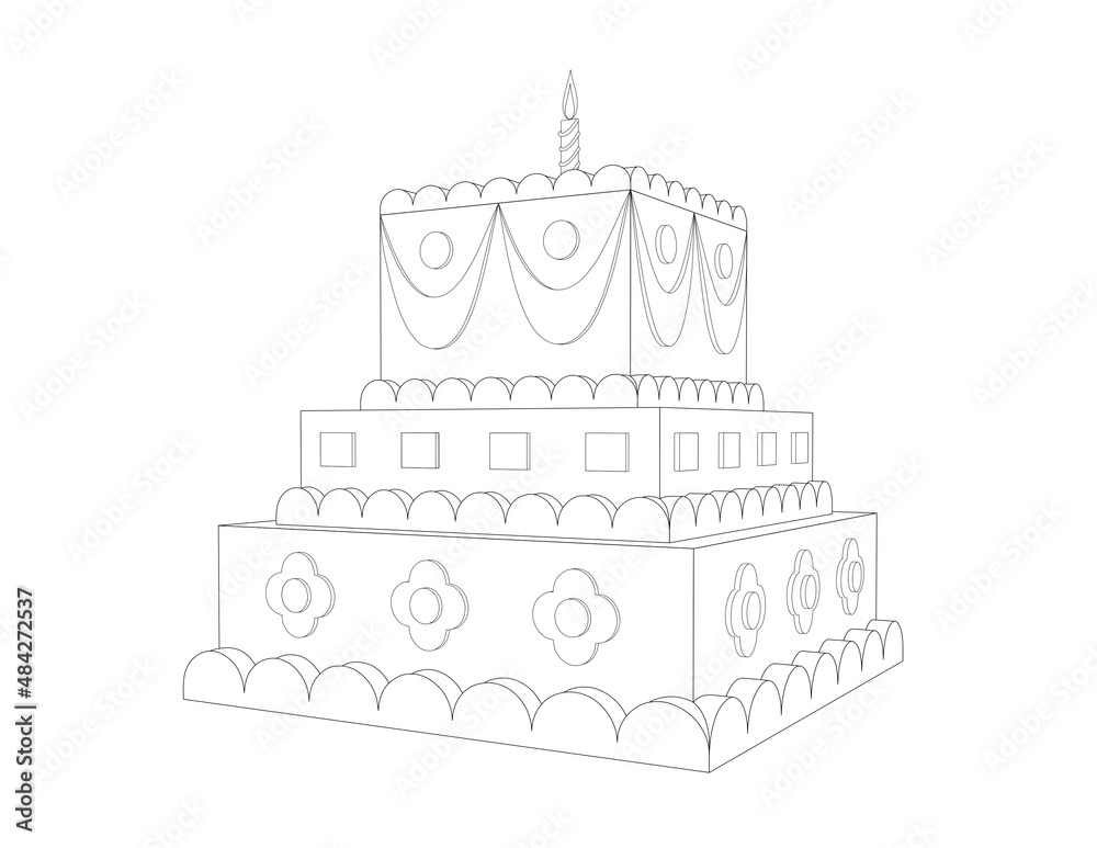 fancy 3d cake coloring page for adults. perspective view illustration ...