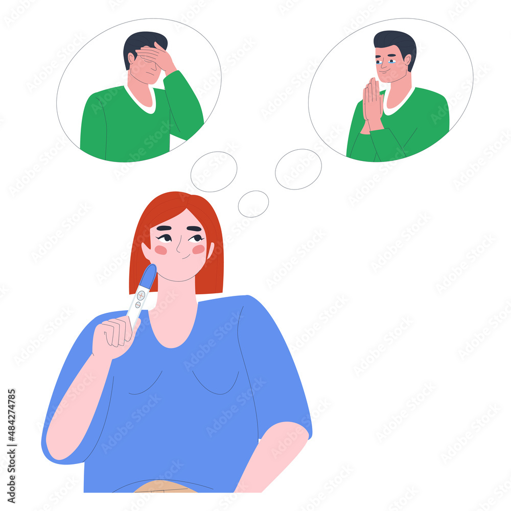 Girl with a pregnancy test in her hands. A man's reaction to his woman ...