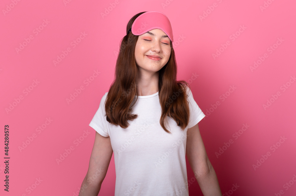 lovely sleepy smiling caucasian brunette teen girl awake stretching ...