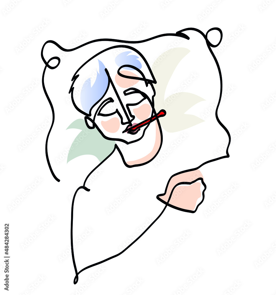 One line drawing of sick boy in bed. One continuous line drawing of boy ...