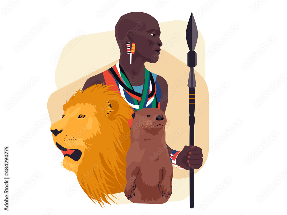 Safari travel illustration. Safari wilderness, indigenous culture and ...