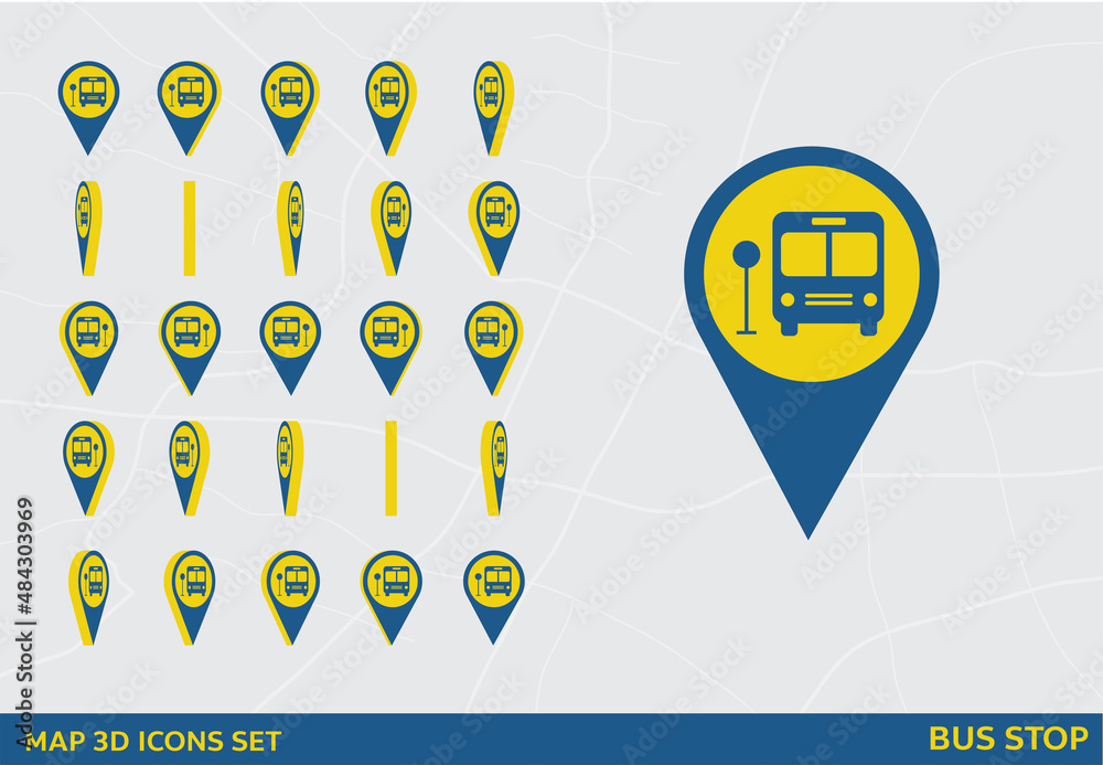 Maps 3D Icon Set Rotation Bus Stop Sign Vector Illustration Stock ...
