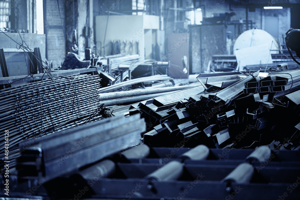 Storage steel metal with structural material on shelves in building ...