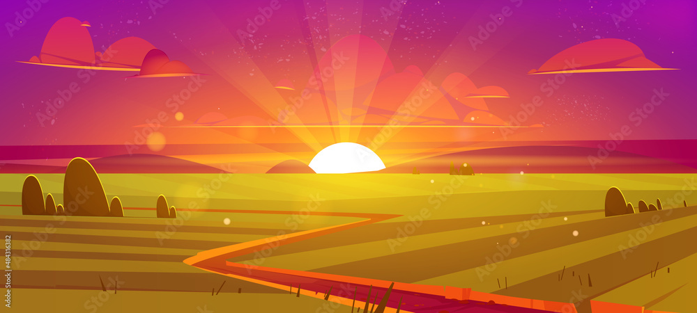 Rural landscape with agriculture fields at sunset. Vector cartoon ...