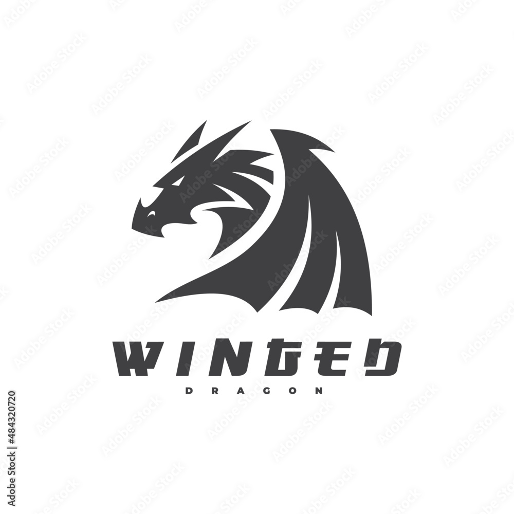 Dragon head wing wyvern silhouette logo design. Winged dragon vector ...