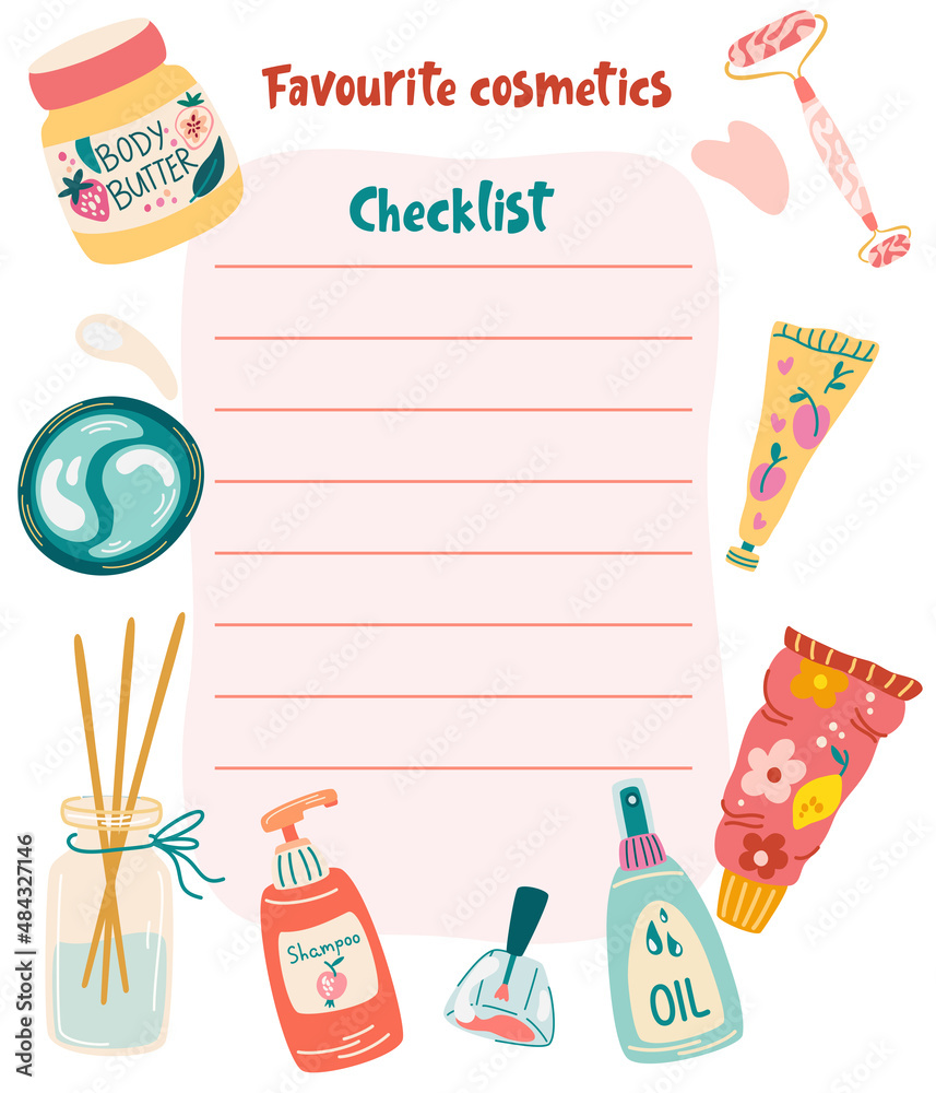 Cosmetics checklist. Set of beauty and make up sheets. Self care to do ...