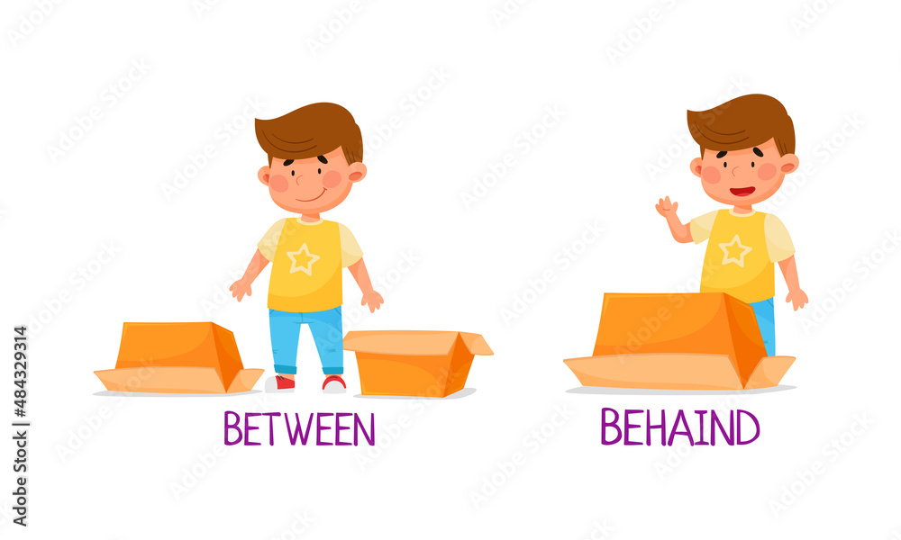 Preposition of place with boy standing between and behind the box ...