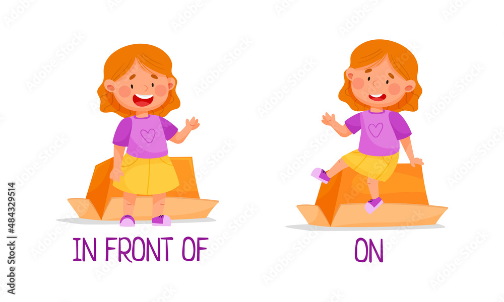 Preposition of place with girl standing in front of and on the box ...