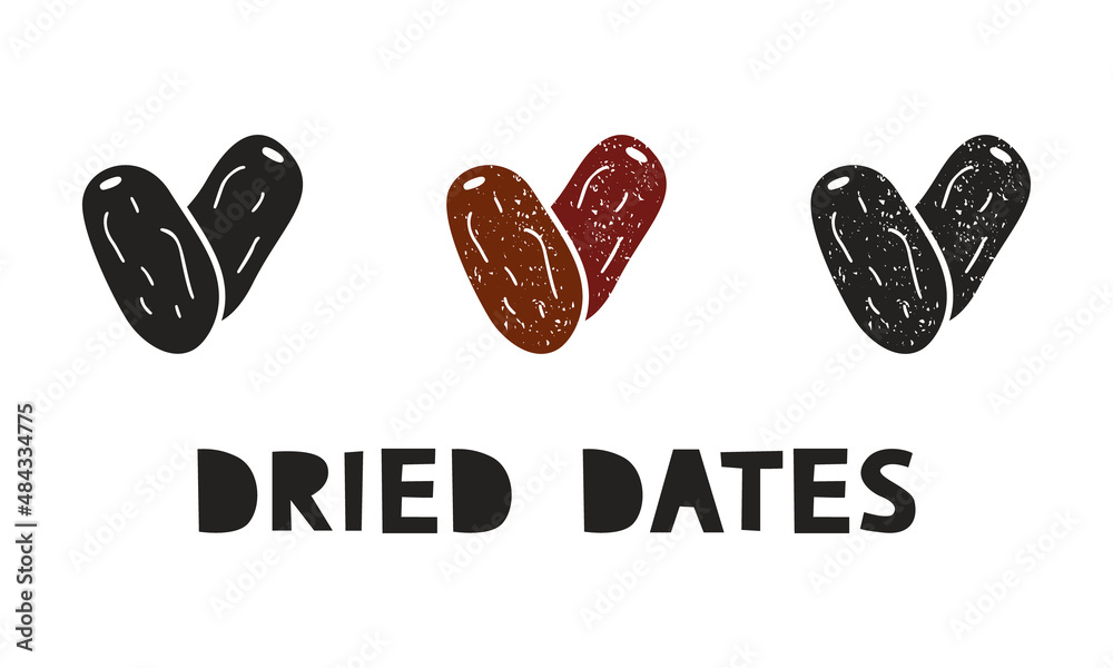 Dried dates, silhouette icons set with lettering. Imitation of stamp ...