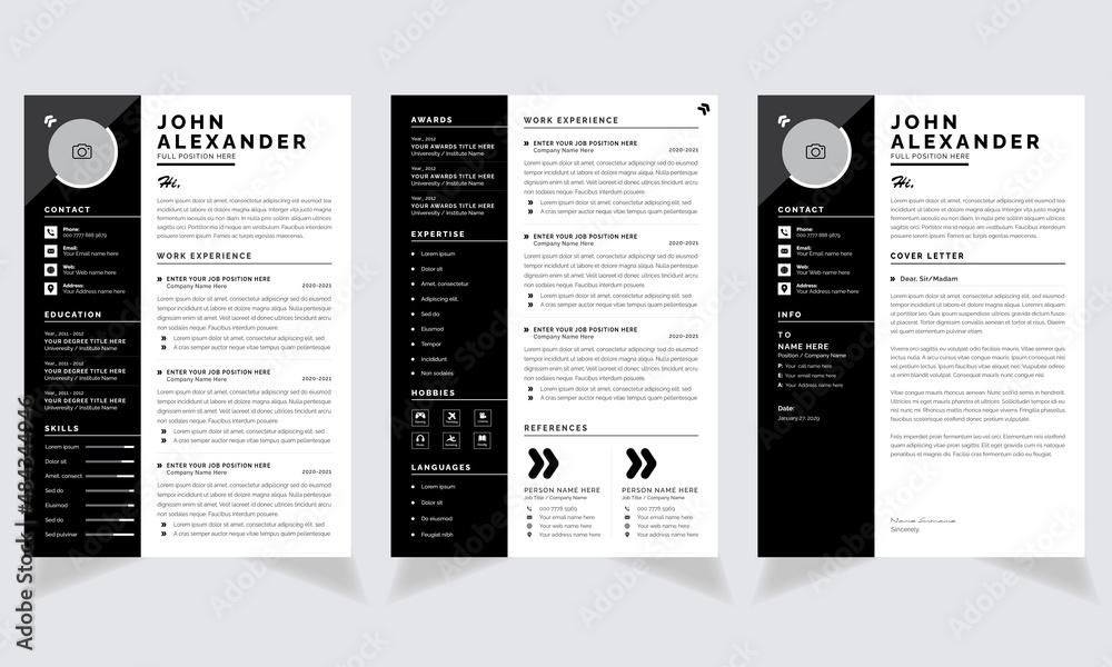 Black Sidebar Professional Resume CV Template Layout Set Stock Vector ...