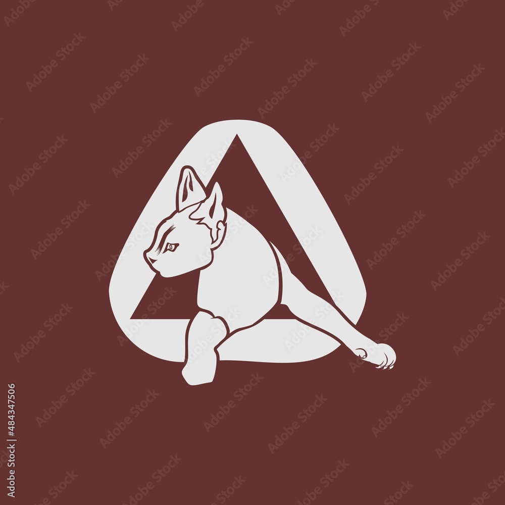 cat logo sticking out of a white obtuse triangle on a red background ...