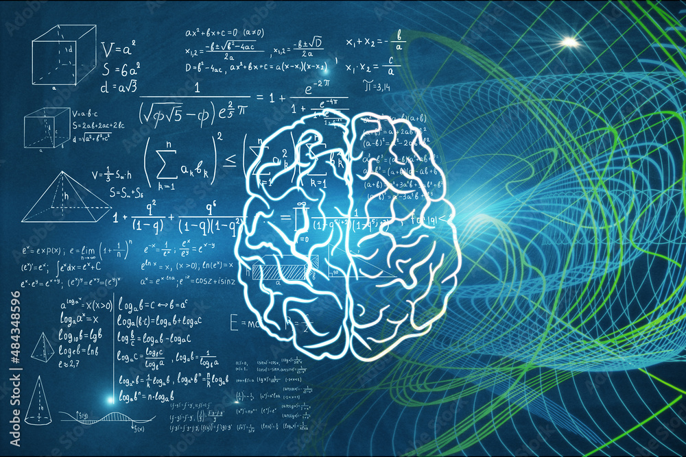 Abstract colorful brain backdrop with mathematical formulas. Mind ...