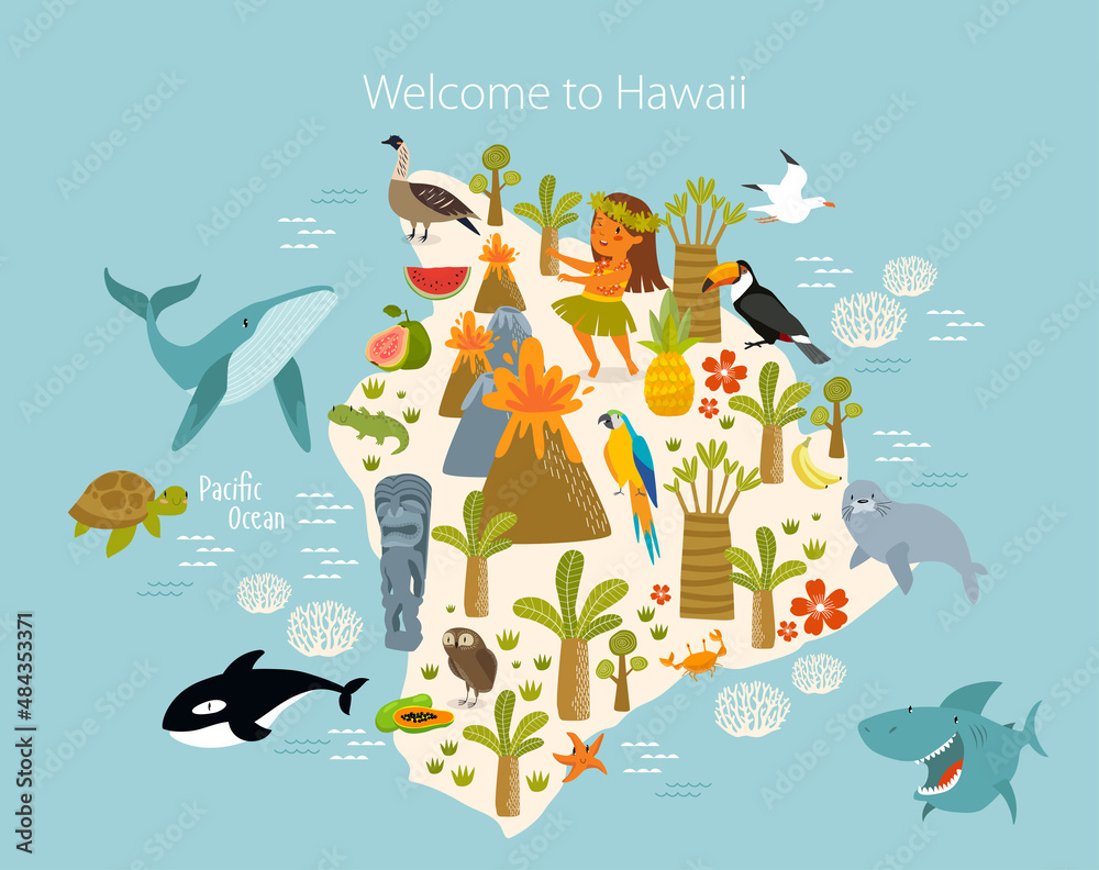 Print. Vector poster "Welcome to Hawaii". hawai map. Animals and plants ...