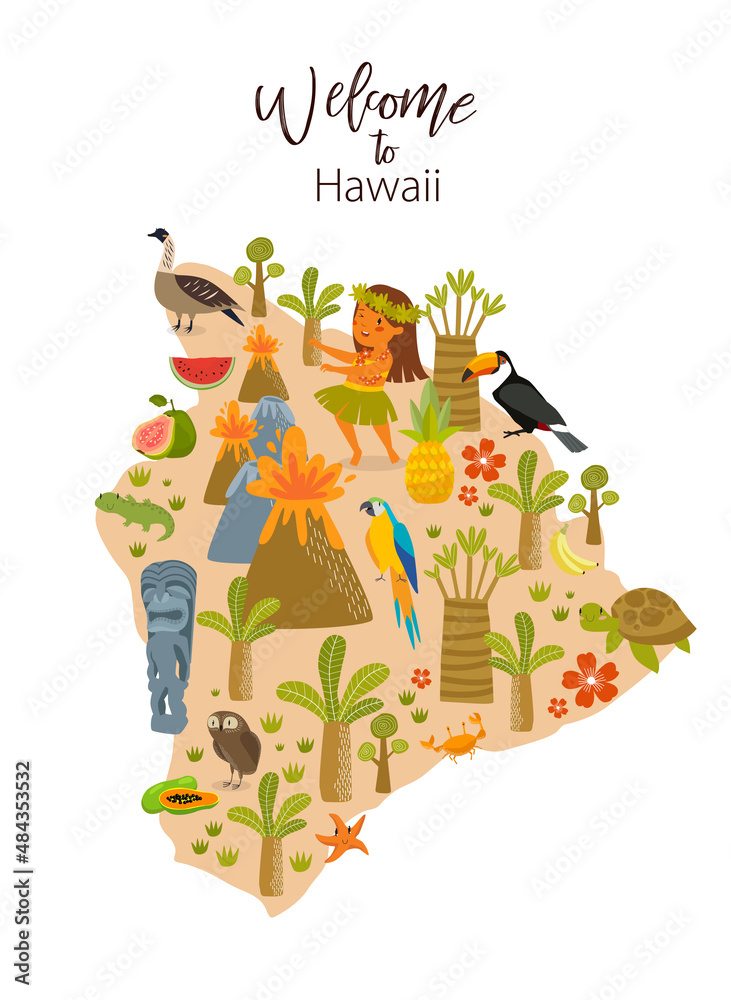 Print. Vector poster "Welcome to Hawaii". hawai map. Animals and plants ...