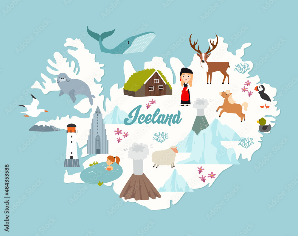 Print. Vectors Iceland map poster. Animals and sights of Iceland ...