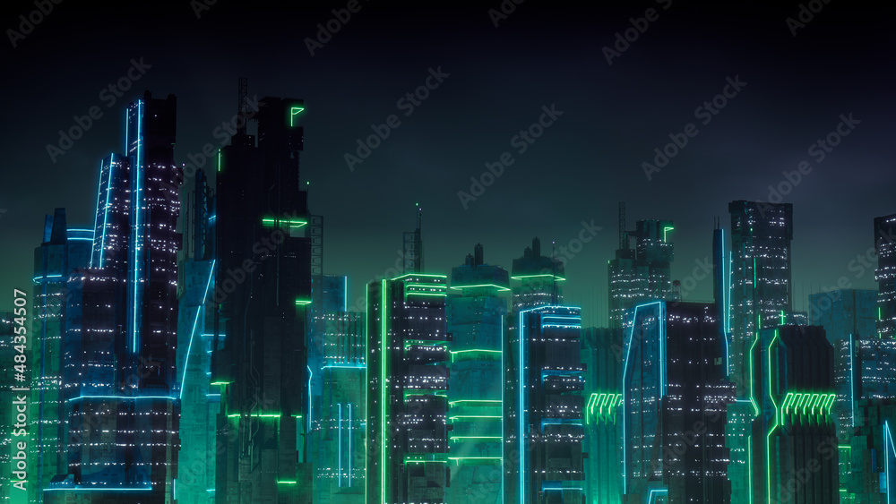 Cyberpunk Metropolis with Green and Blue Neon lights. Night scene with ...
