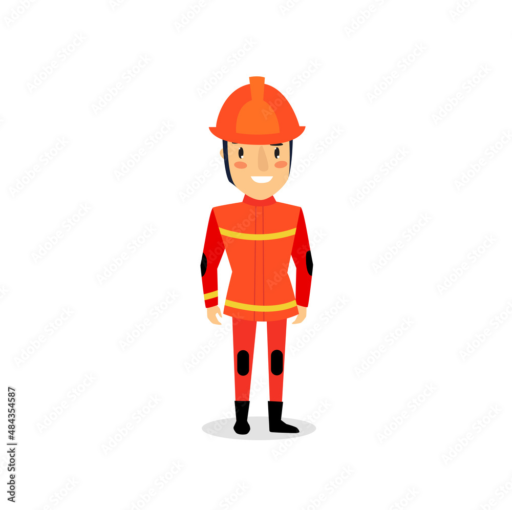 Print. Vector cartoon firefighter in suit. Stock Illustration | Adobe Stock