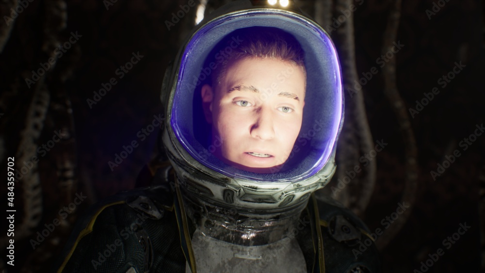 An astronaut walks through a creepy alien cave inhabited by nightmarish ...