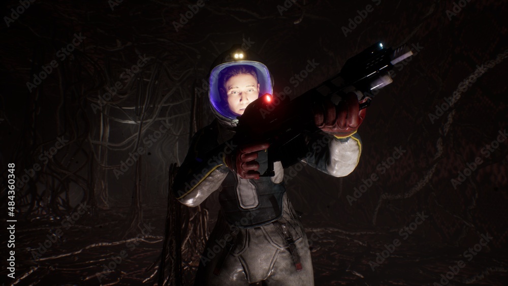 An astronaut with a blaster sneaks through an eerie alien dungeon on an ...