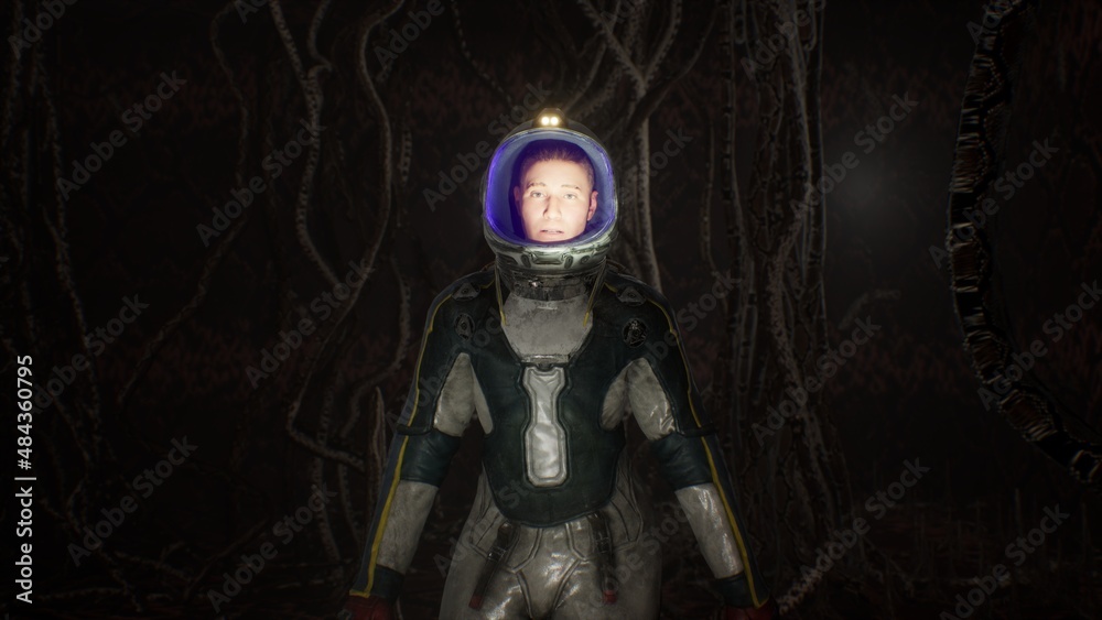An astronaut walks through a creepy alien cave inhabited by nightmarish ...