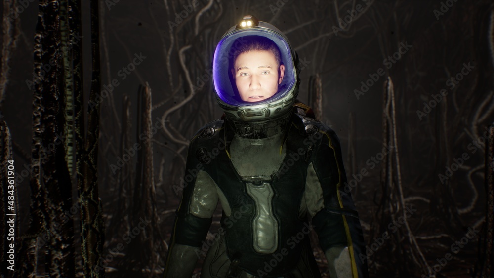 An astronaut walks through a creepy alien cave inhabited by nightmarish ...