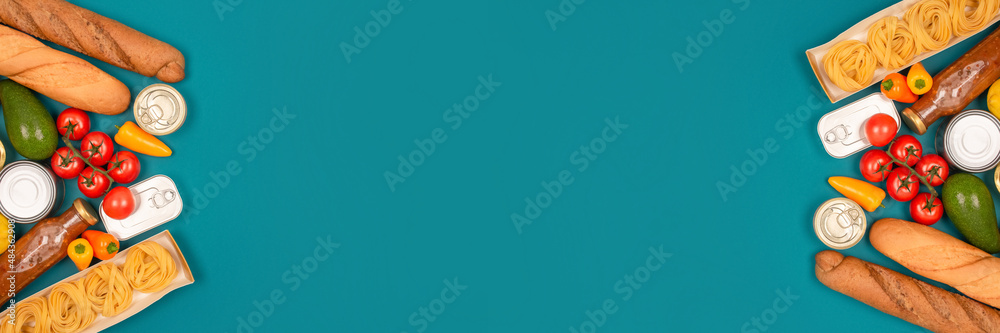 Banner with food delivery concept, food bank. Different groceries, food ...