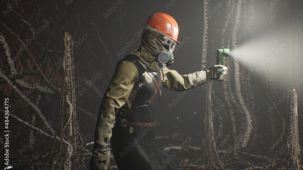 A biologist in a protective special suit walks through a cave with ...