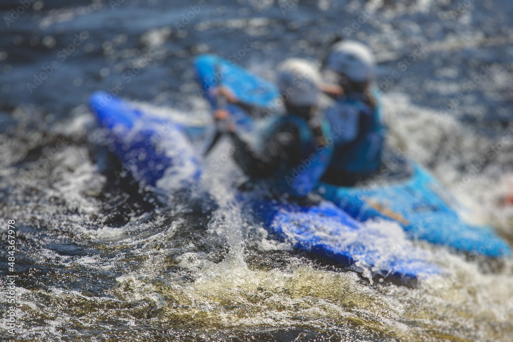 Kayak slalom canoe race in white water rapid river, process of kayaking ...