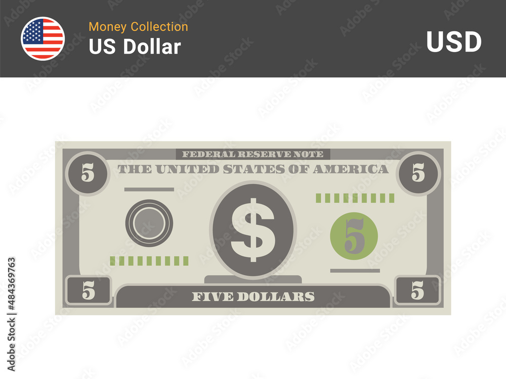 5 US Dollar bill. American money banknote. Currency vector set ...