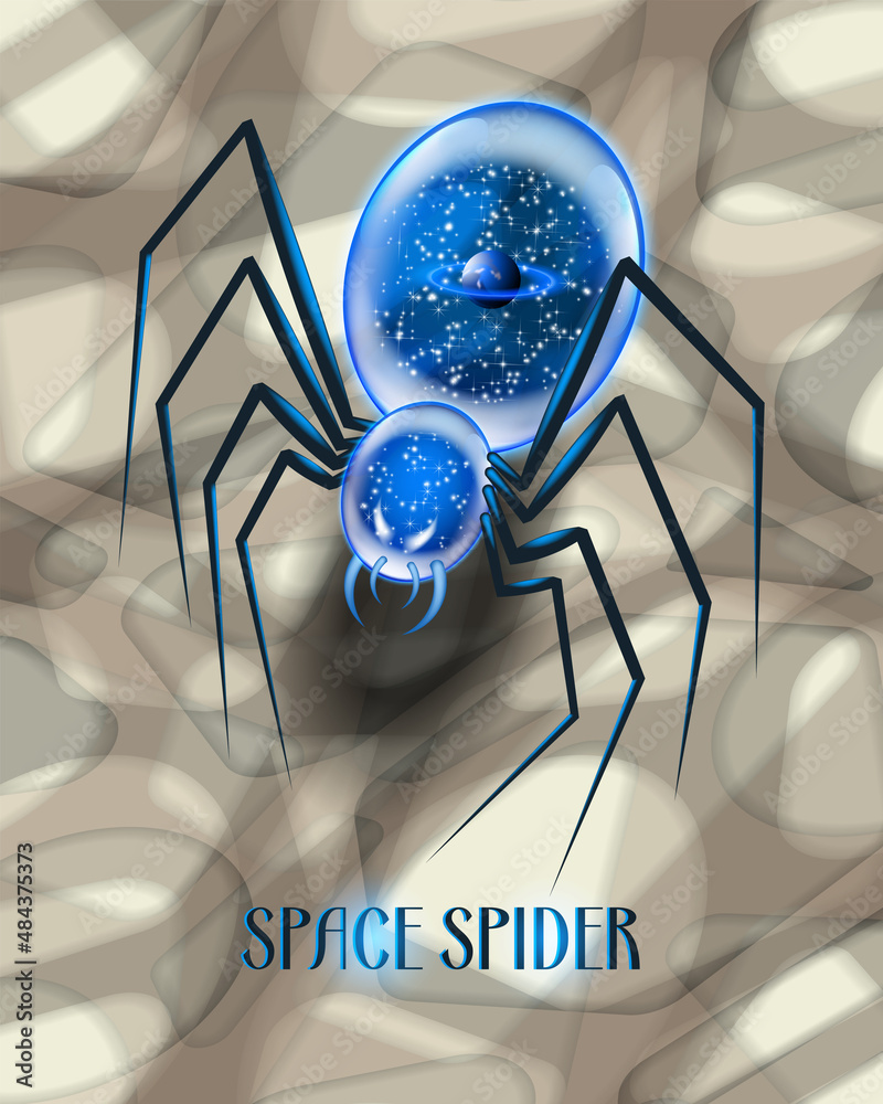 Volumetric blue luminous transparent glass space spider with the planet ...