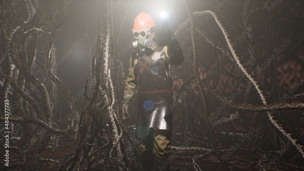 A biologist in a protective special suit walks through a cave with ...