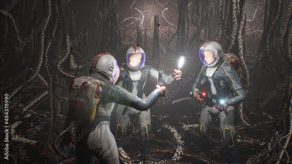 Astronauts on an alien planet find themselves in a cave with alien ...