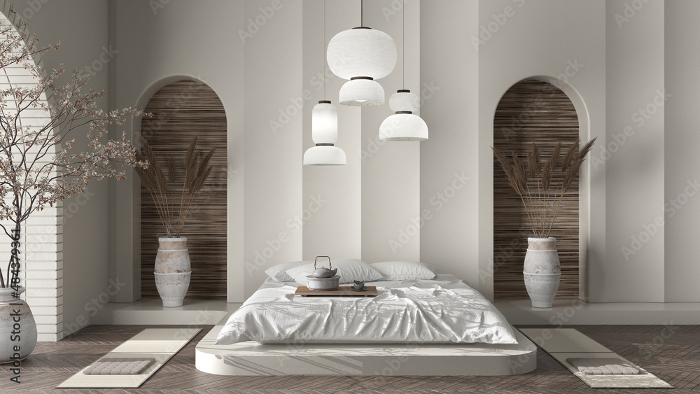 Beige concrete molded plaster wall in zen eastern bedroom with master ...