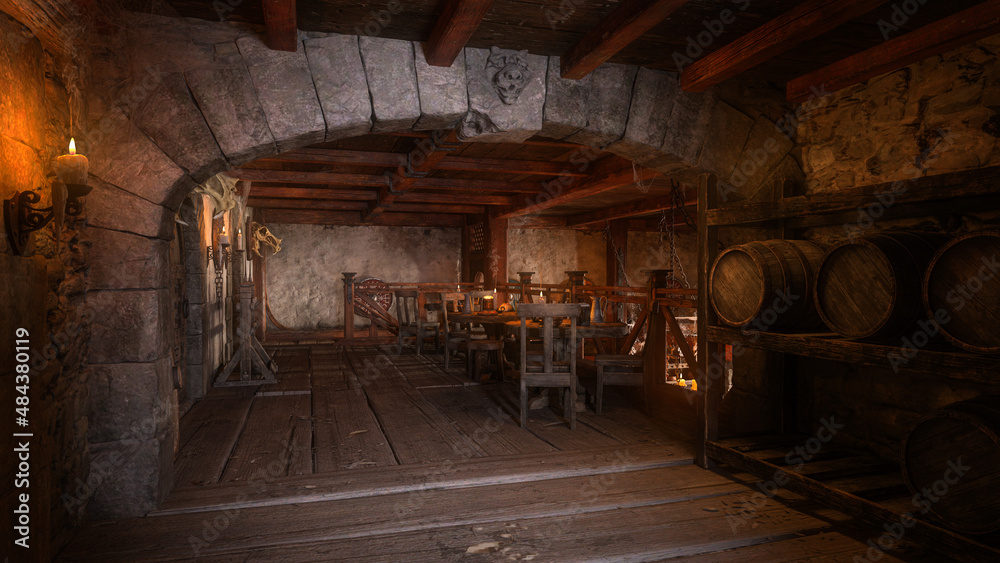 Medieval tavern interior with stone walls, wooden floor, tables with ...