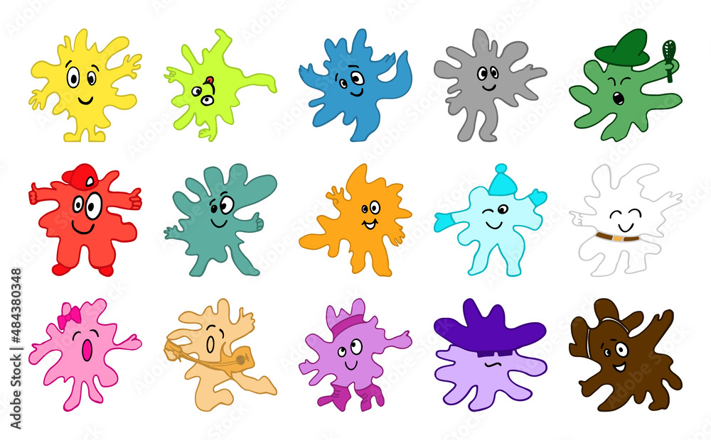 Color ink blobs, splashes of liquid paint with friendly smiling faces ...