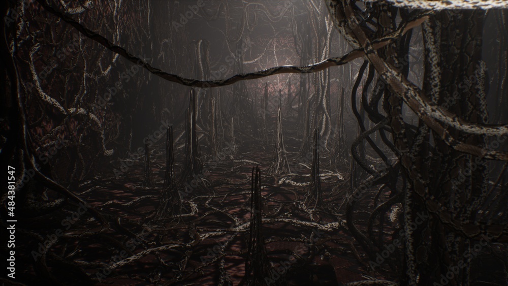 A nightmarish alien cave inhabited by unexplored and creepy creatures ...