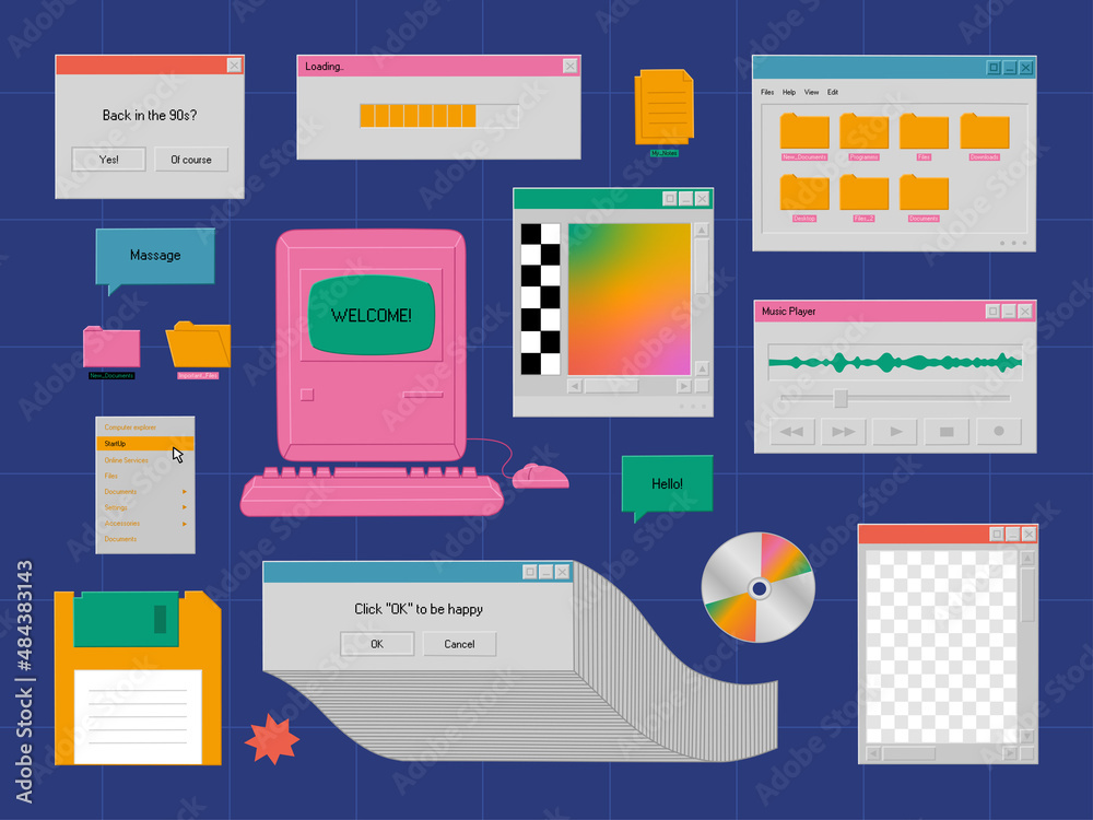 Set of user interface elements in retro style. Tabs, icons, windows ...